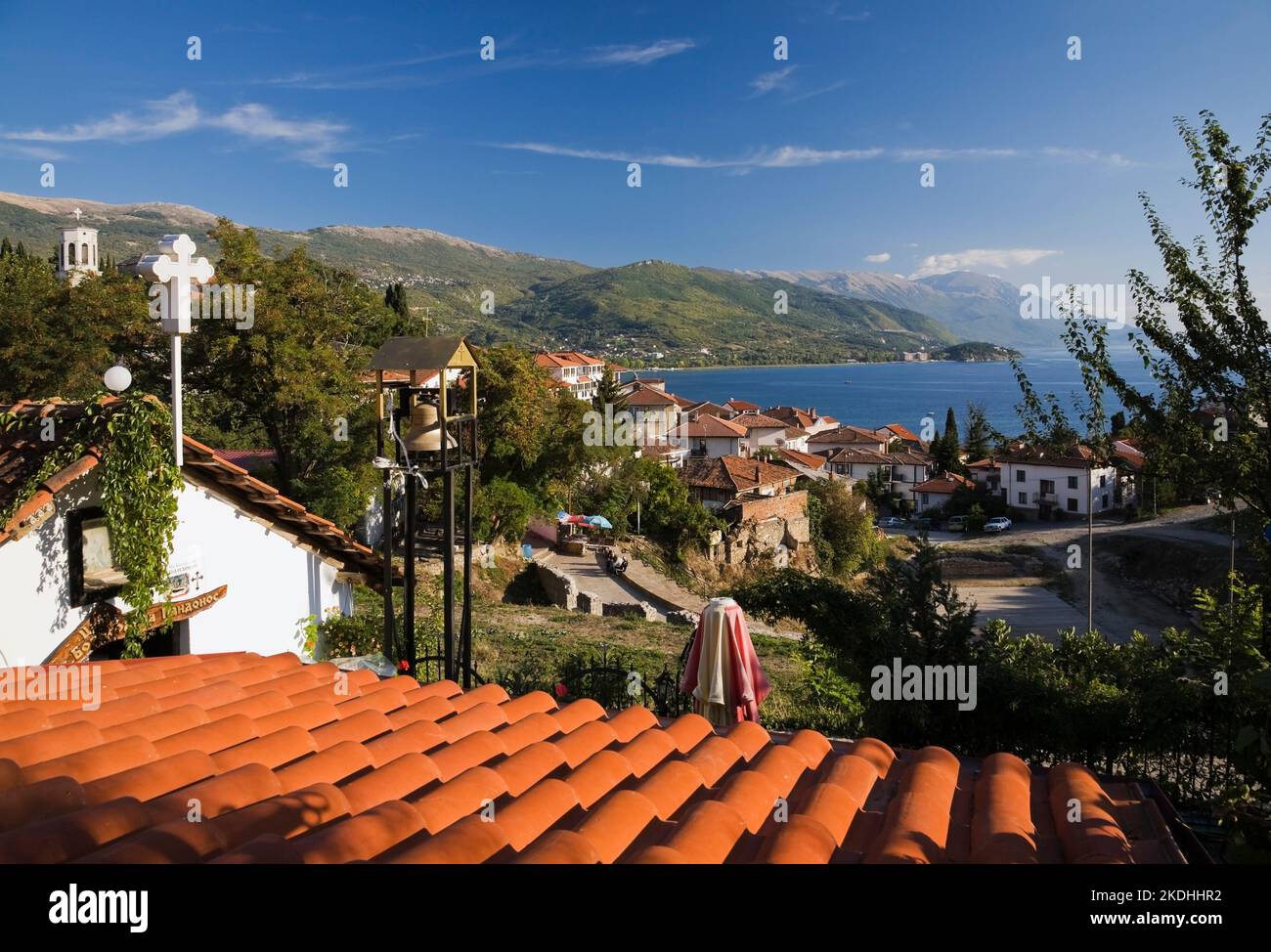 Terracotta roof tiles and mountain range with lake Ohrid and ...