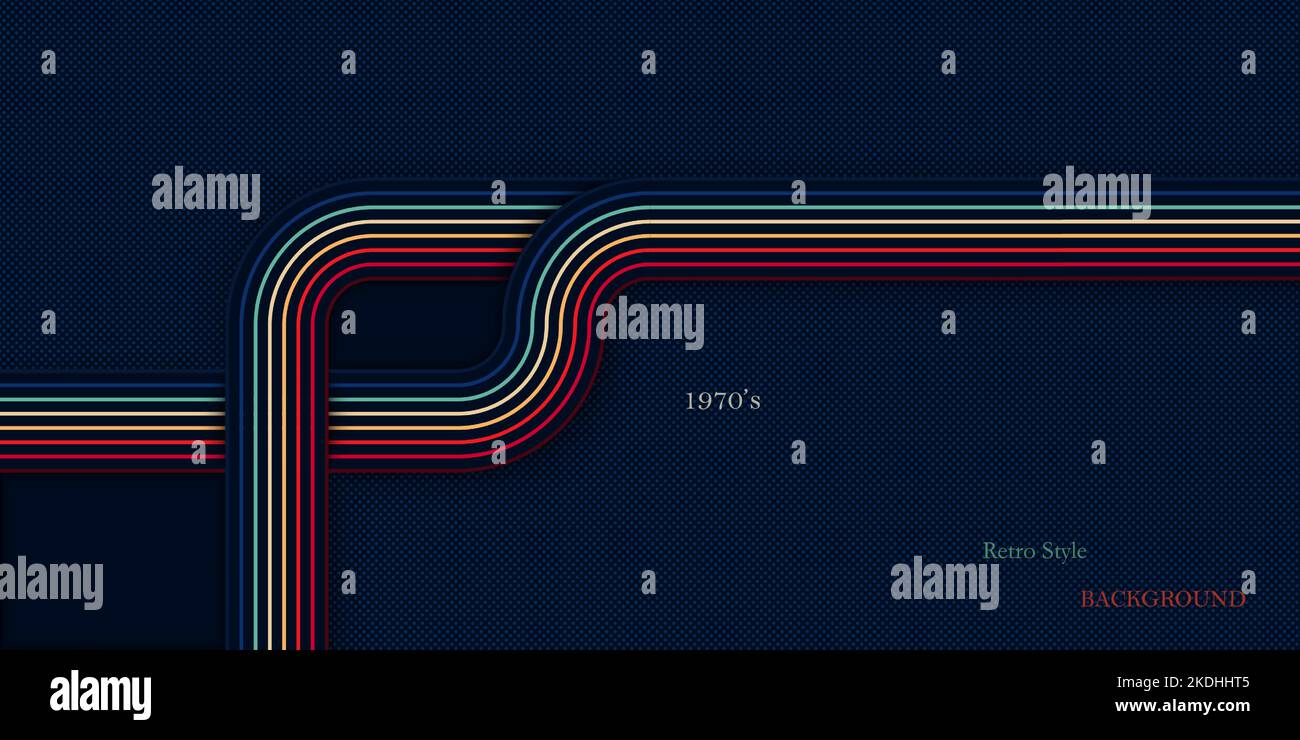 Retro style background with colorful curve lines and dark navy vintage ...
