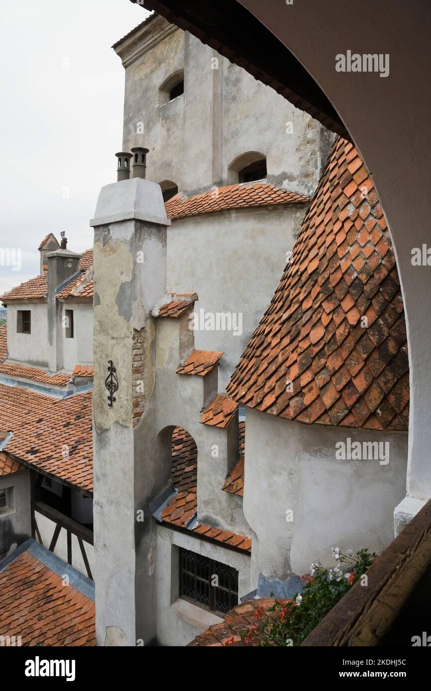 Turret with terracotta tiles at Dracula's castle, Bran, Transylvania ...