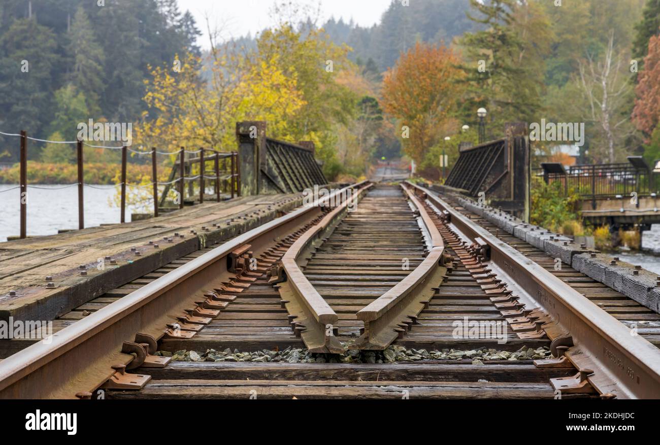 Abandoned Railroad and the bridge in Marathon Park along Capitol Lake in Olympia, Washington ...