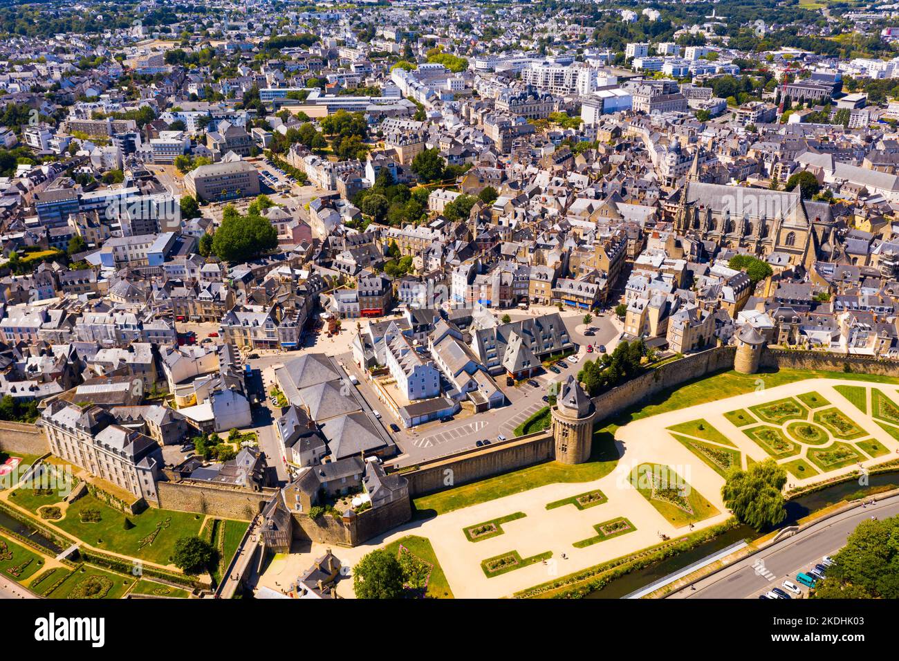 Aerial view of Vannes with fortified walls and ornamental lawns, France ...
