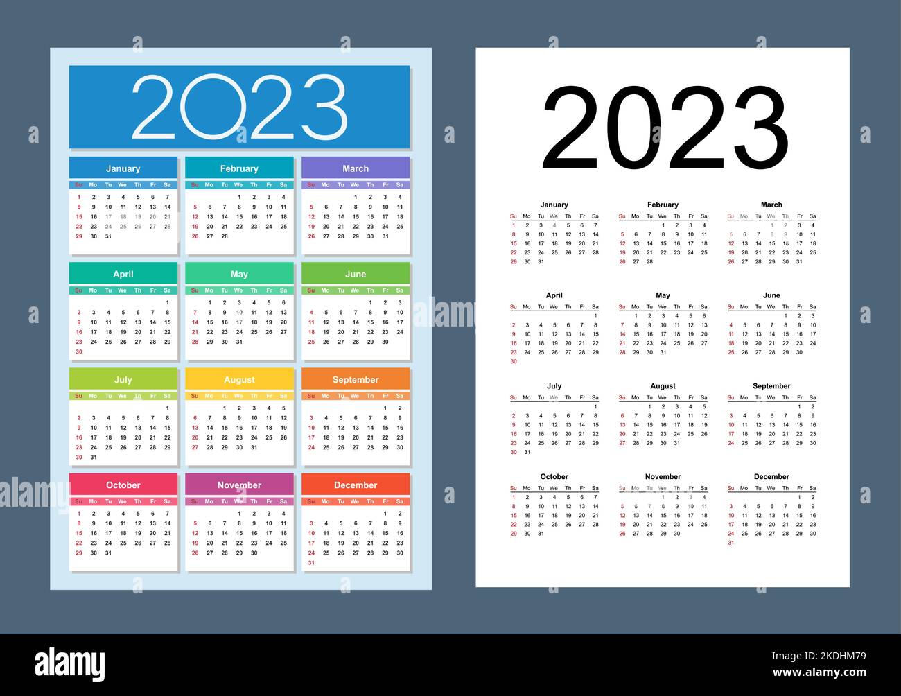Colorful calendar for 2023 year. Week starts on Sunday. Vertical ...