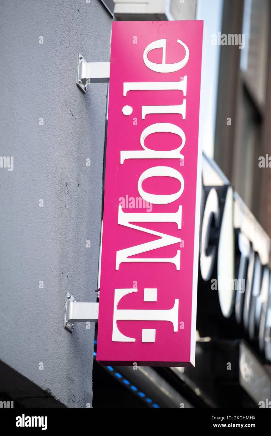 A shop sign of T Mobile, on November 5, 2022 in New York City, USA ...