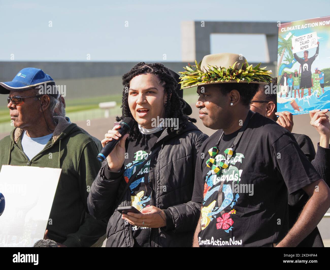 Torres Strait Islanders gather outside Parliament House on the opening ...
