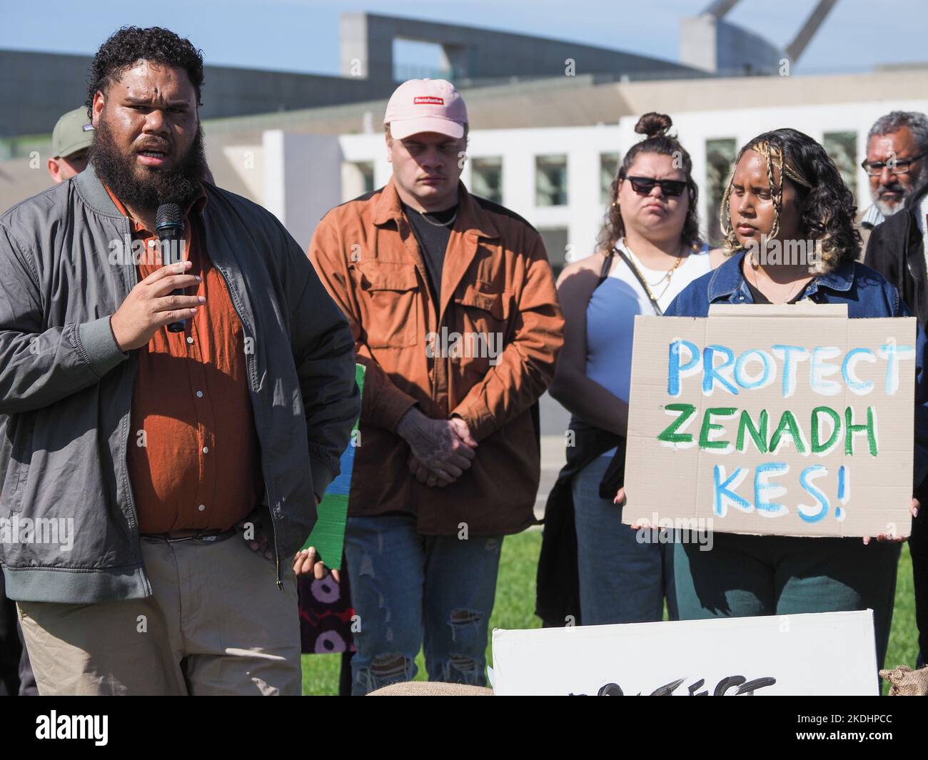 Torres Strait Islanders gather outside Parliament House on the opening ...