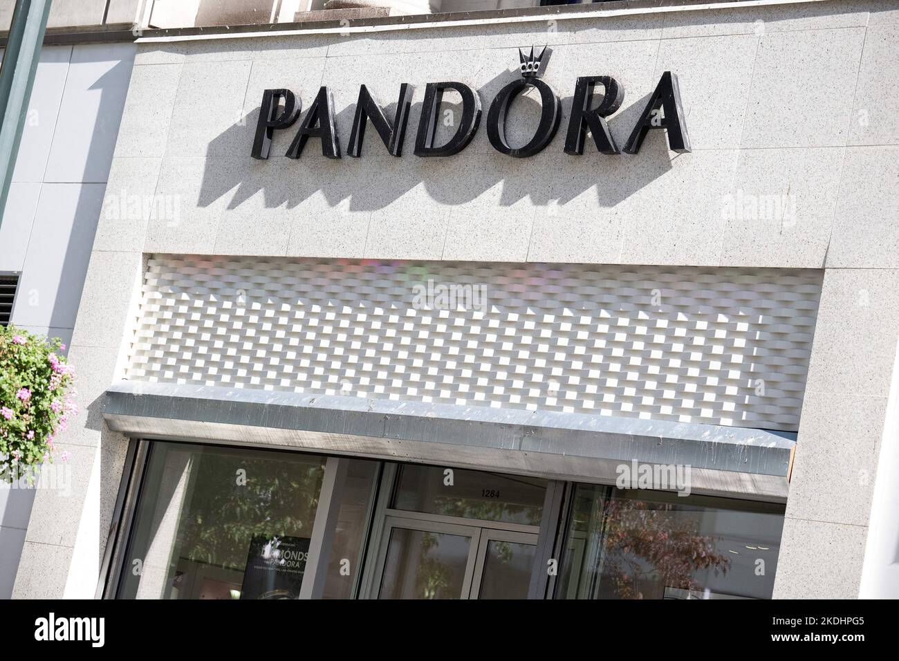 A shop sign of PANDORA, on November 5, 2022 in New York City, USA ...