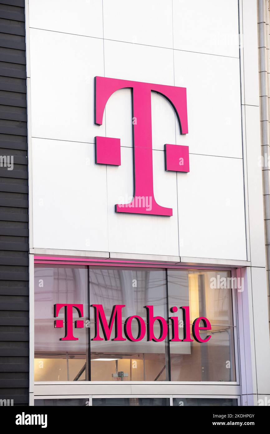 A shop sign of T Mobile, on November 5, 2022 in New York City, USA ...