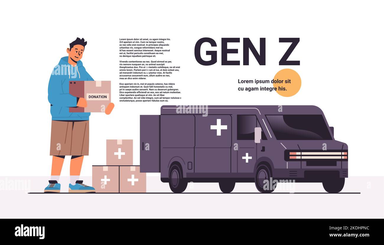 man holding donation help box with medical supplies near electric cargo ...