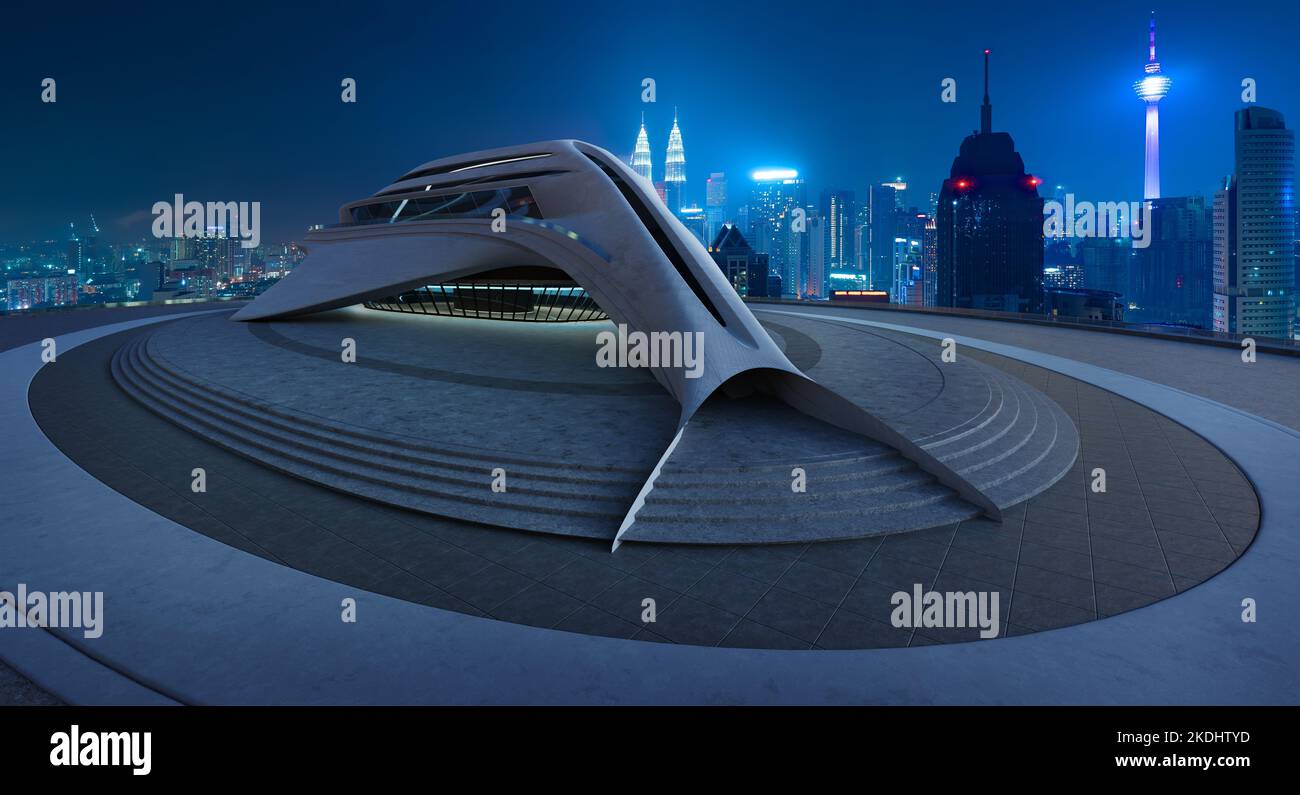 3D rendering architecture with futuristic streamlined design. Night ...