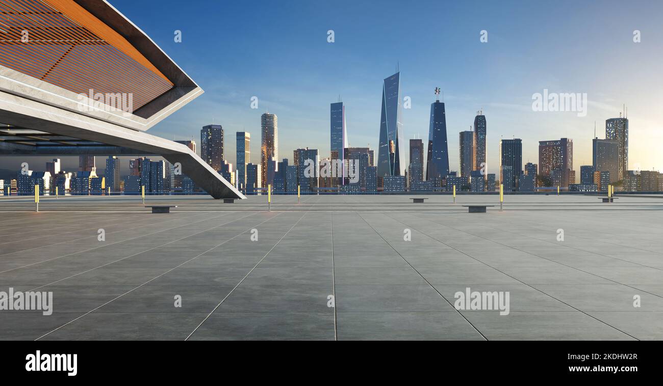 Perspective view of empty concrete floor with cement structure and ...
