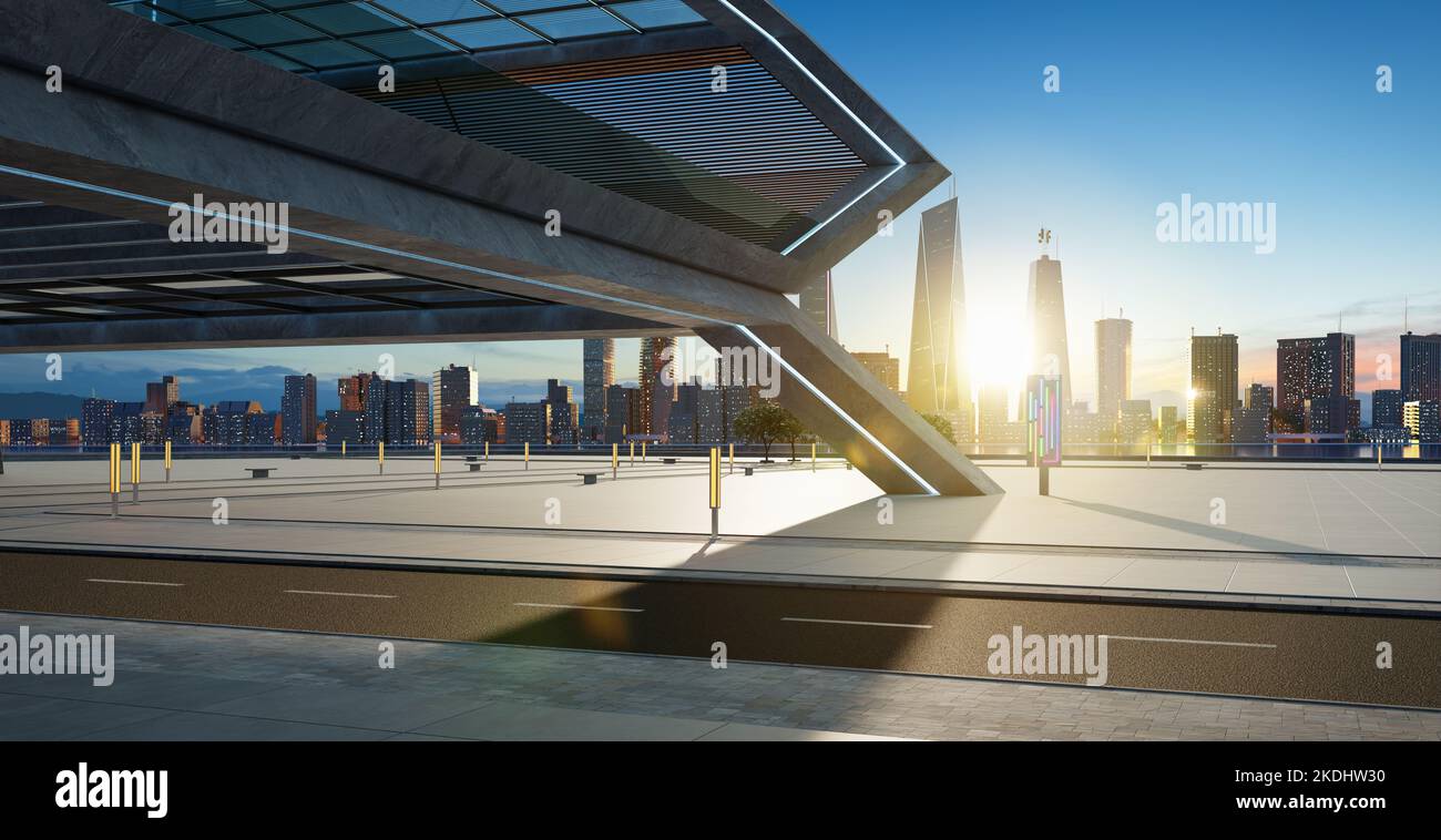 Empty street under the bridge with beautiful sunrise landscape ...