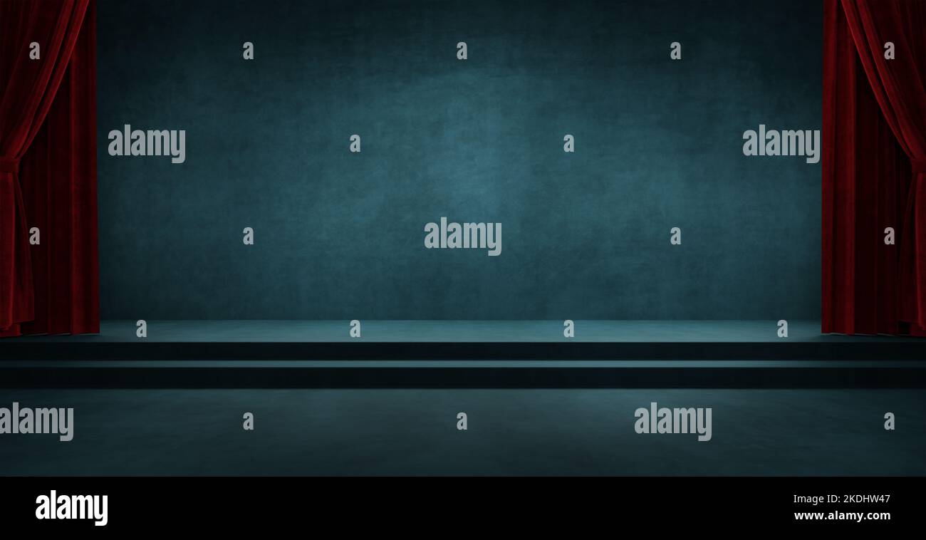 Empty dimmy theatrical stage with the red curtains drawn. 3d rendering ...