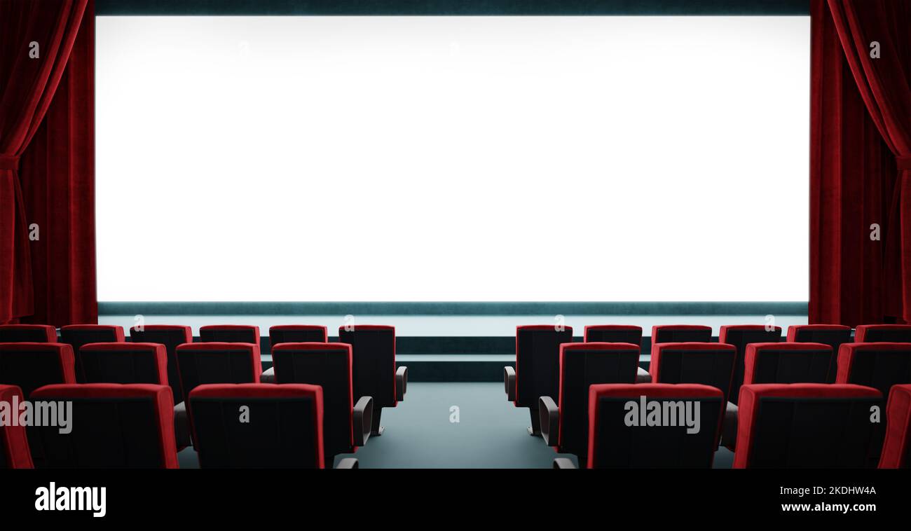 Empty cinema with white screen, red curtains drawn and rows of vacant ...