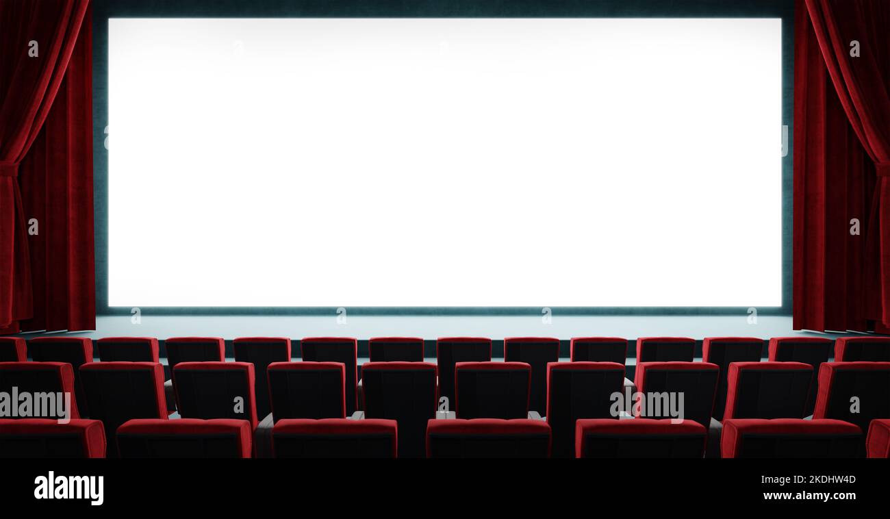Empty cinema with white screen, red curtains drawn and rows of vacant ...