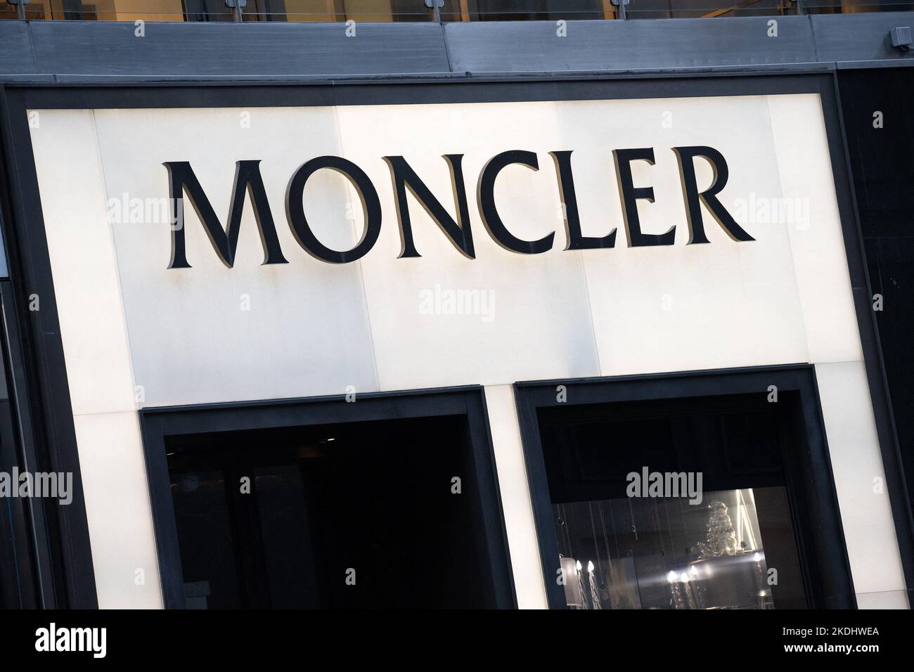 A shop sign of MONCLER, on November 5, 2022 in New York City, USA ...