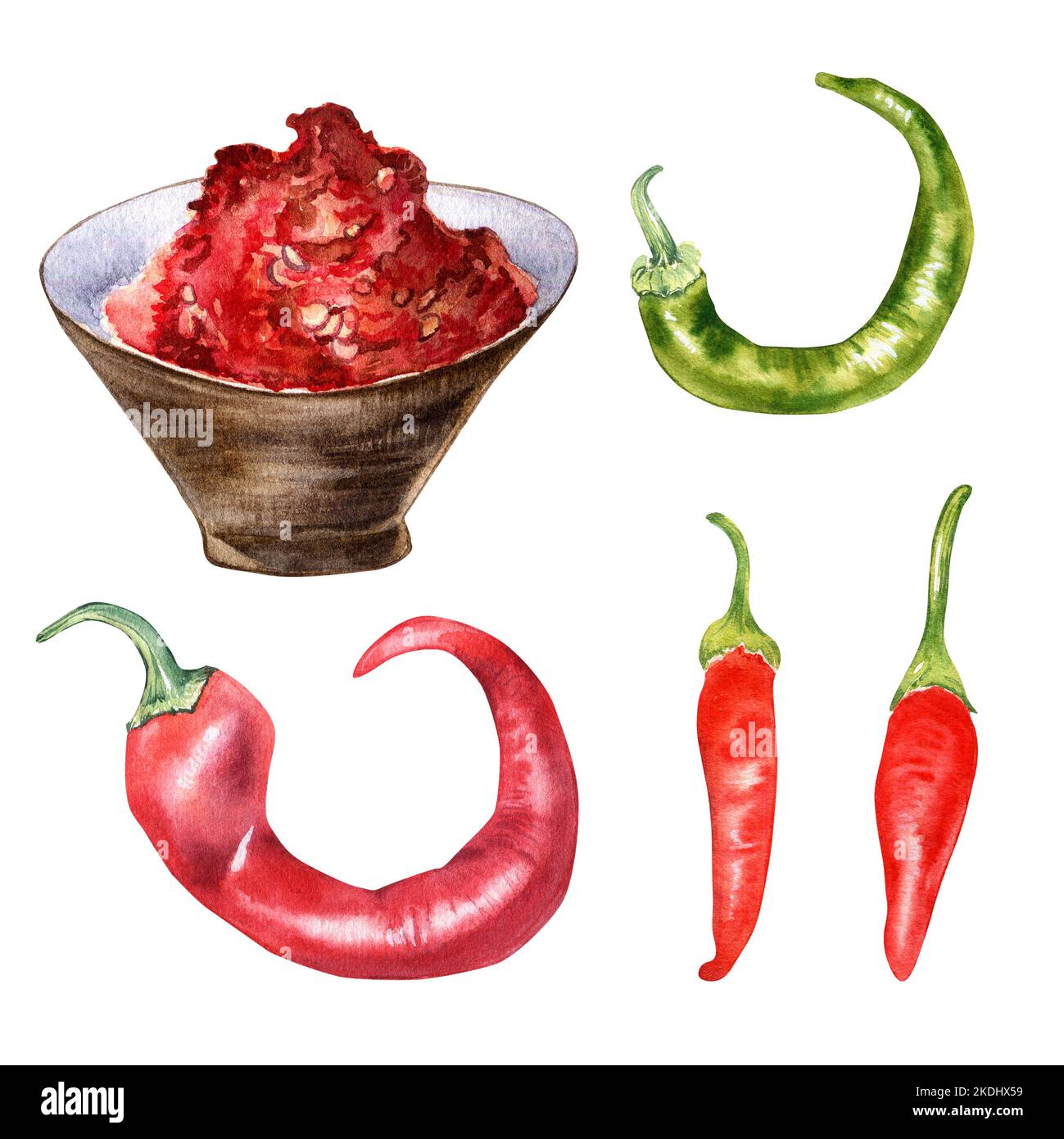 Powder red hot peppers in a bowl watercolor illustration isolated on ...