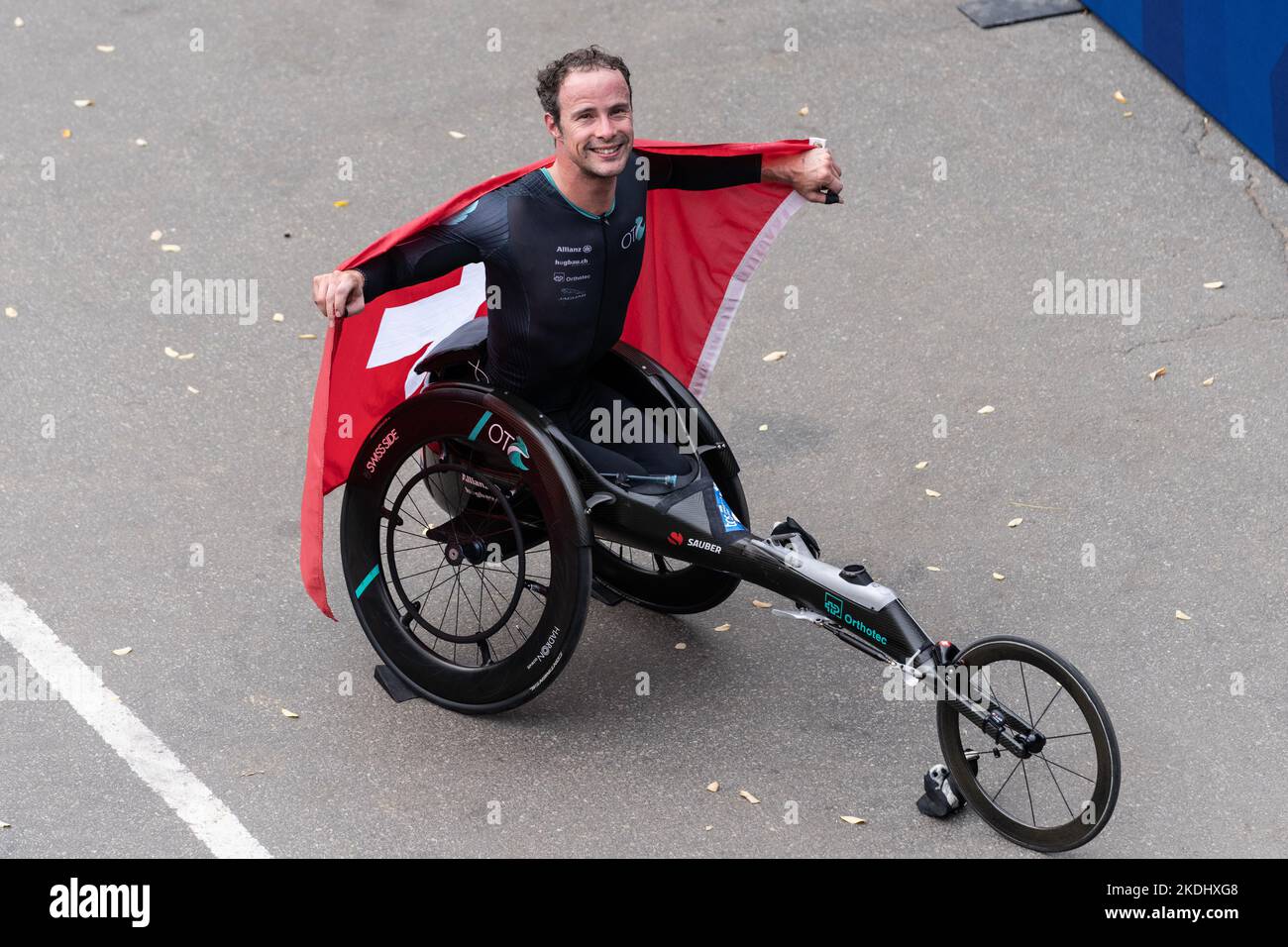 Marcel Hug of Switzerland winner of Men Wheelchair division poses ...