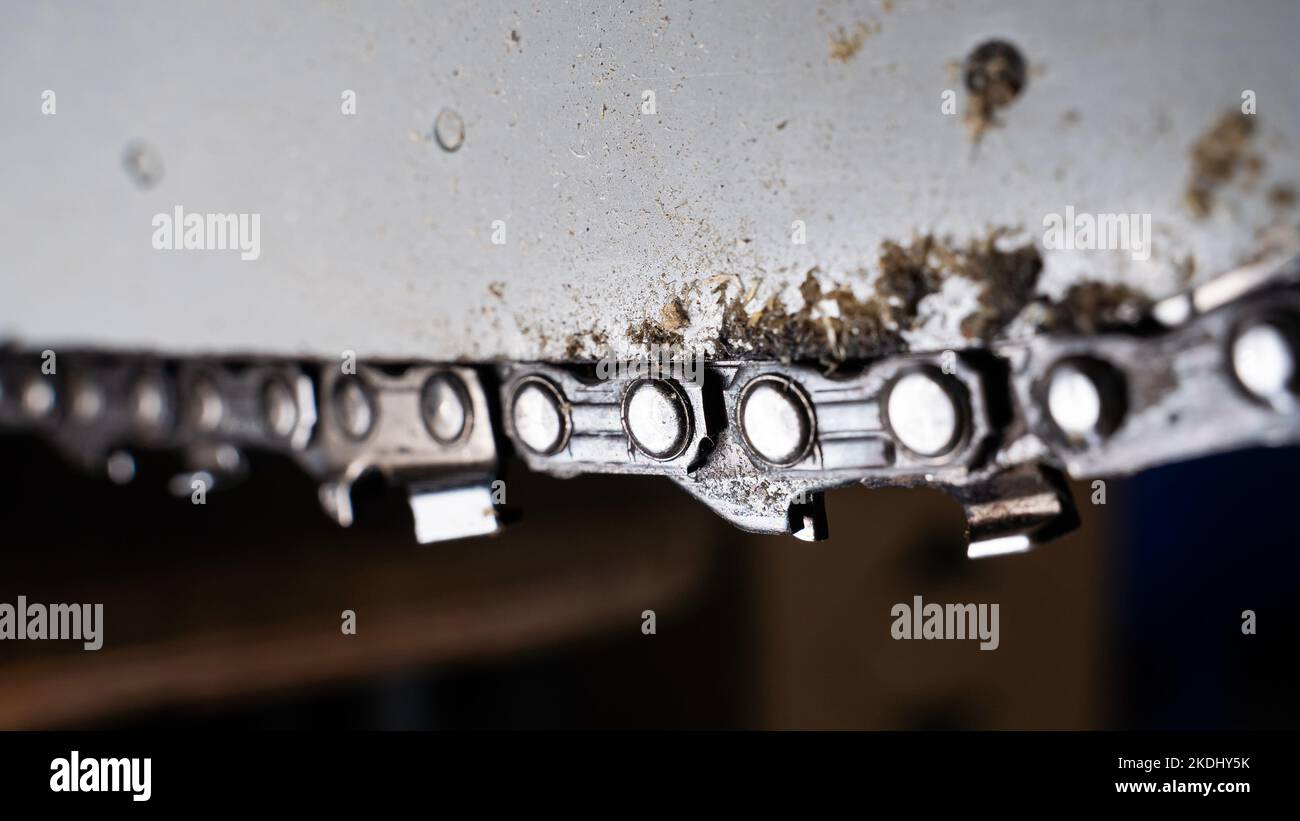 Chainsaw chain on the tire close-up. Saw teeth for cutting wood on a ...