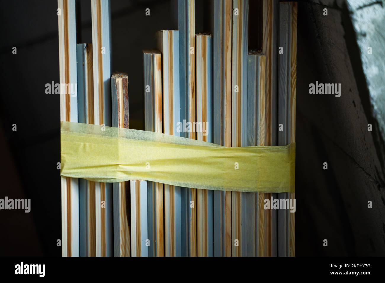 Remains of wooden lining after interior decoration. Waste of painted ...