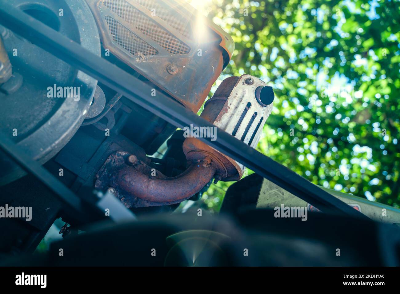 Diesel engine of a walk-behind tractor with a belt drive close-up ...