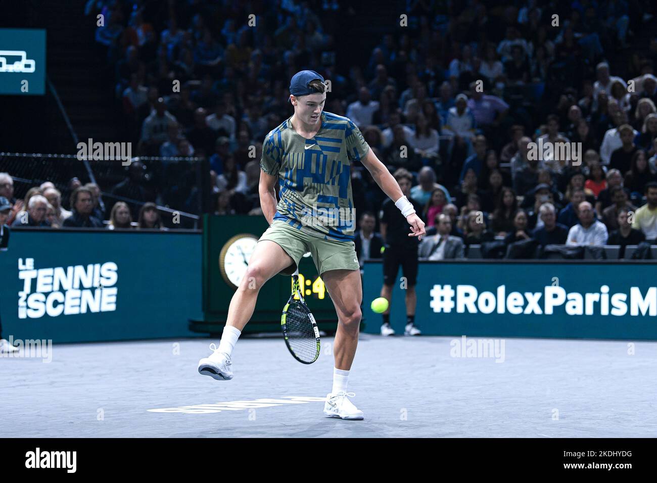 Paris, France. 06th Nov, 2022. Holger Rune of Denmark hits a tweener (or between-the-legs shot ...