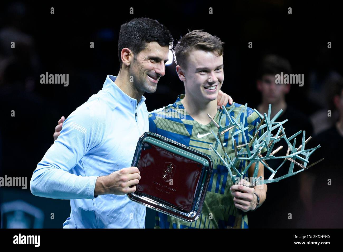 Paris, France. 06th Nov, 2022. Holger Rune of Denmark wins over Novak Djokovic during the final ...