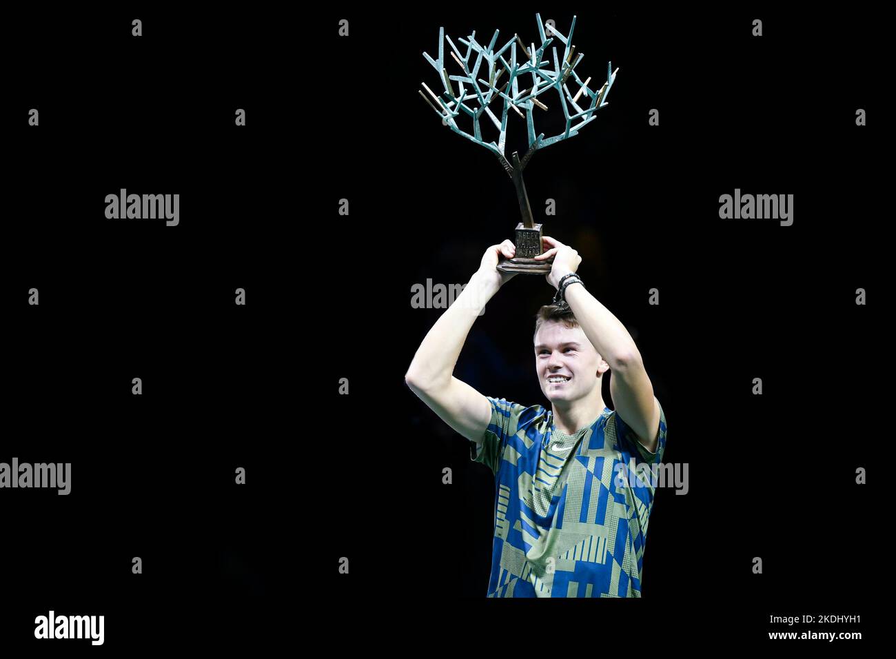 Paris, France. 06th Nov, 2022. Holger Rune of Denmark wins over Novak Djokovic receives the ...