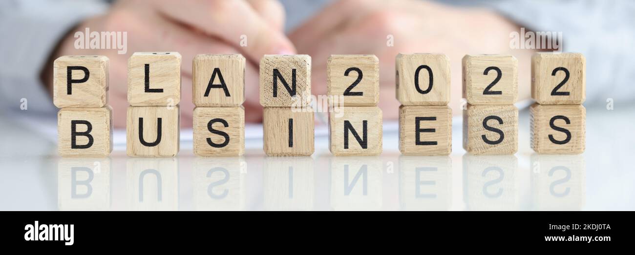 Business plan text on wooden cubes and businesswoman with pen Stock ...