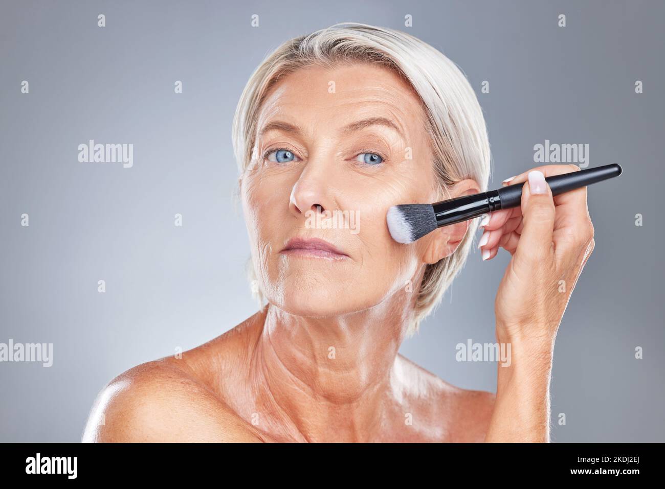 Makeup, cosmetic brush and woman face of a model with healthy skin ...