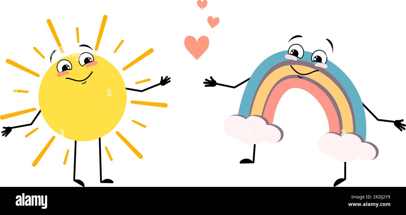 Cute sun and rainbow character with love emotions, happy face, smile ...