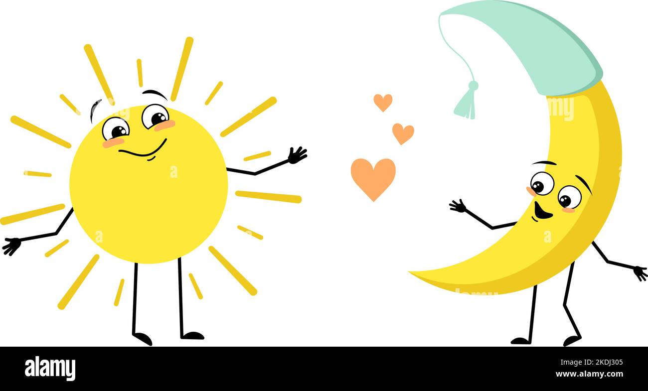 Cute sun and moon character with love emotions, happy face, smile, arms ...