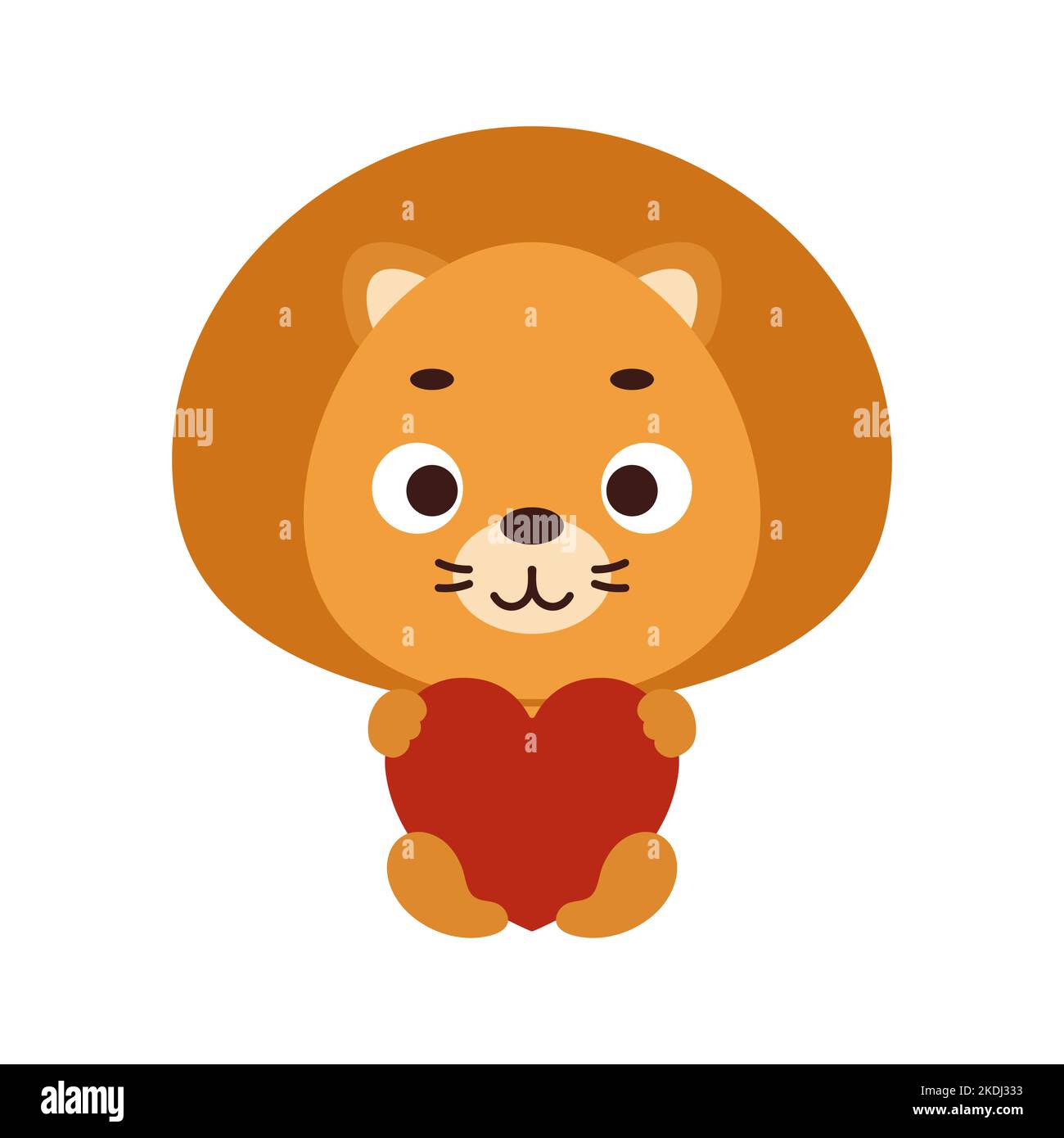 Cute little lion sitting and holding heart on white background. Cartoon ...