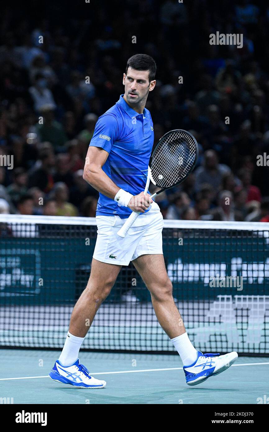 Novak Djokovic of Serbia during the final against Holger Rune (not seen) of the Rolex Paris ...
