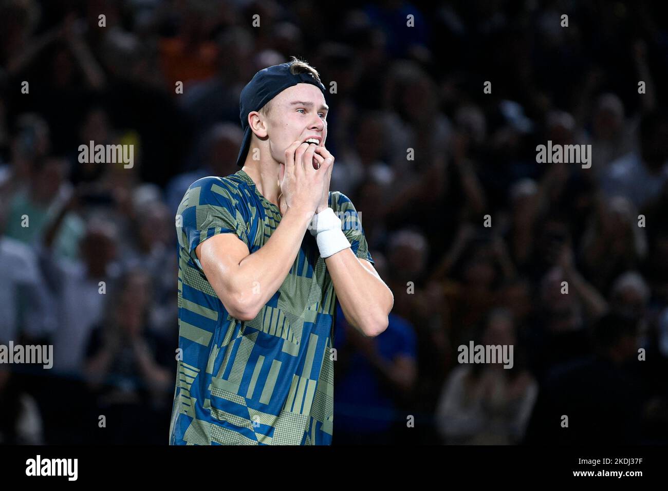 Holger Rune of Denmark wins over Novak Djokovic during the final of the Rolex Paris Masters, ATP ...