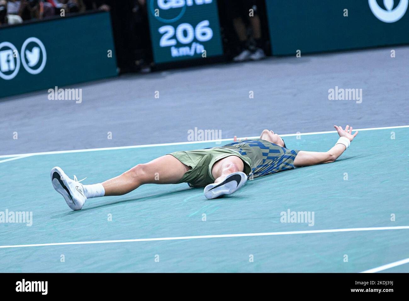 Holger Rune of Denmark wins over Novak Djokovic during the final of the Rolex Paris Masters, ATP ...