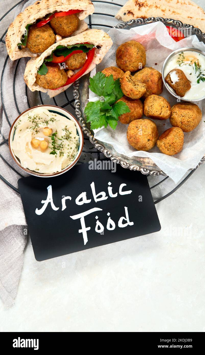 Middle eastern, arabic dishes with falafel, hummus, pita. Halal food ...