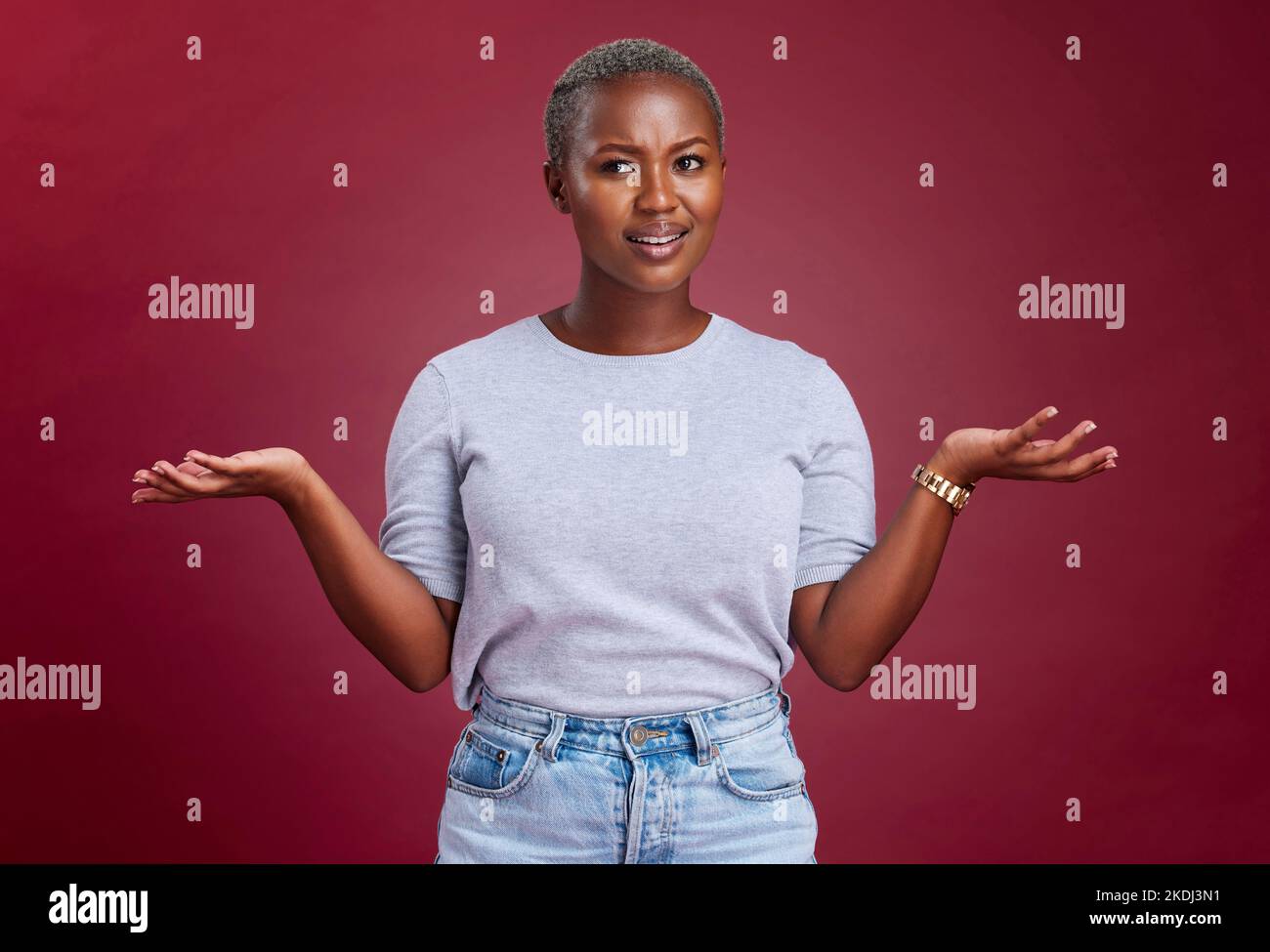 Confused, question and why black woman on studio red background, body ...