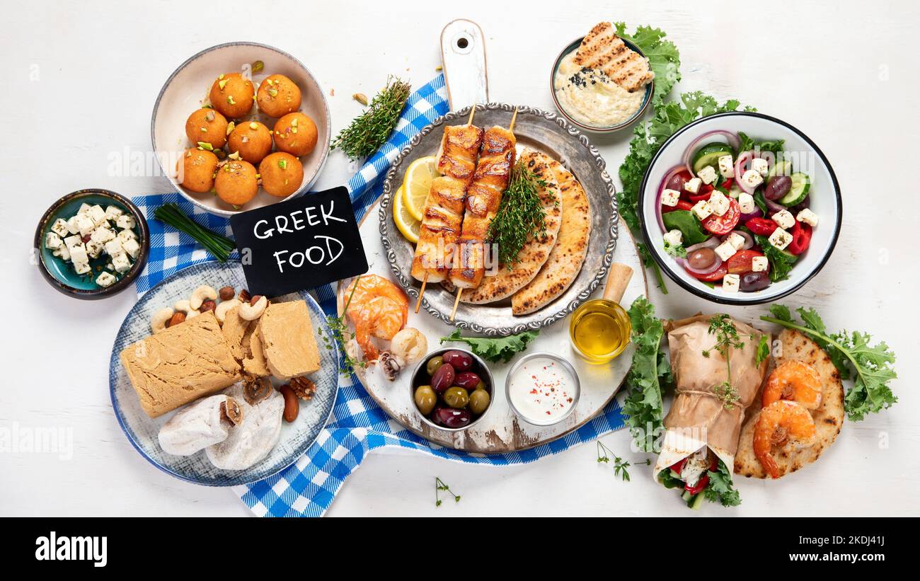Greek cuisine dishes on neutral background. Traditional food concept ...