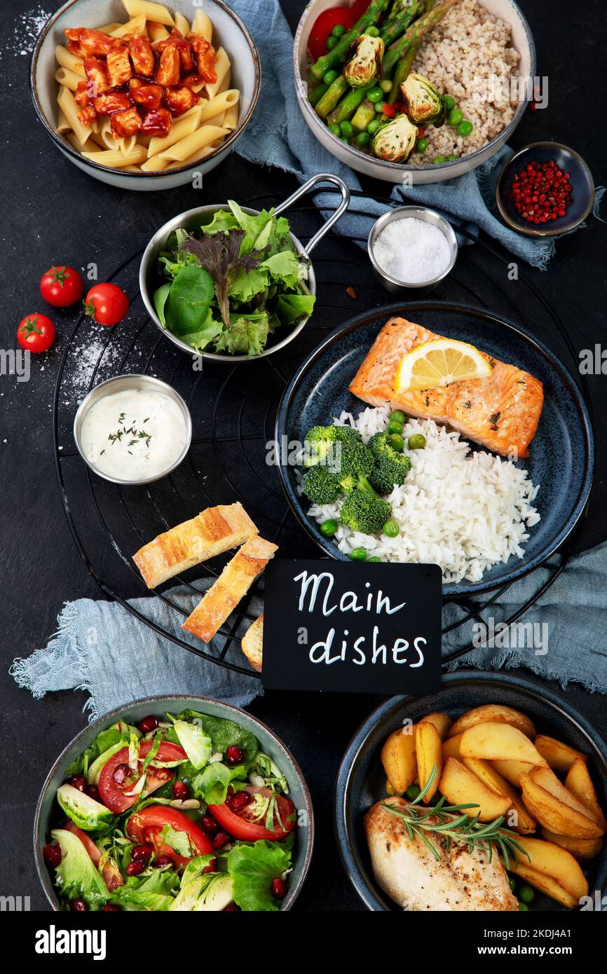 Set of various main dishes. Different healthy main courses, meat and ...