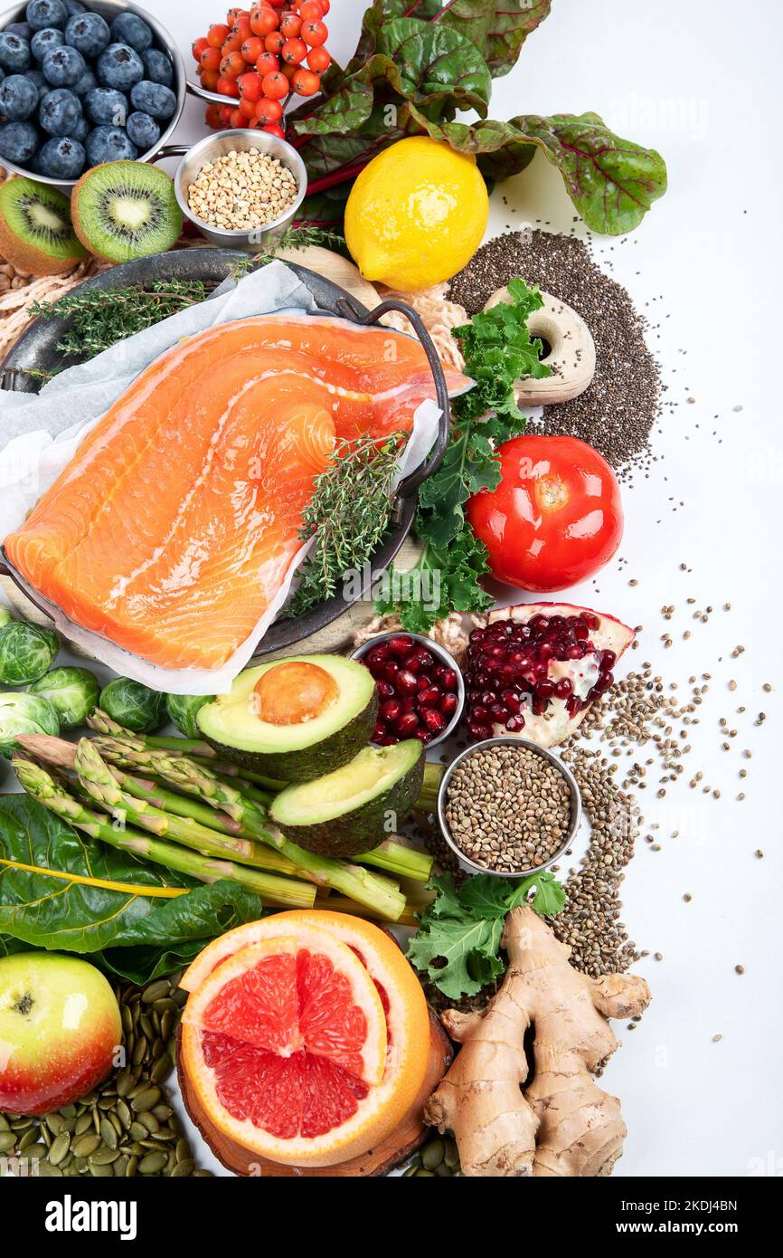 Balanced diet food background. Nutrition, clean eating food concept ...