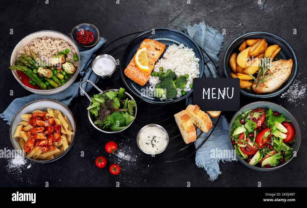 Set of various main dishes. Different healthy main courses, meat and ...