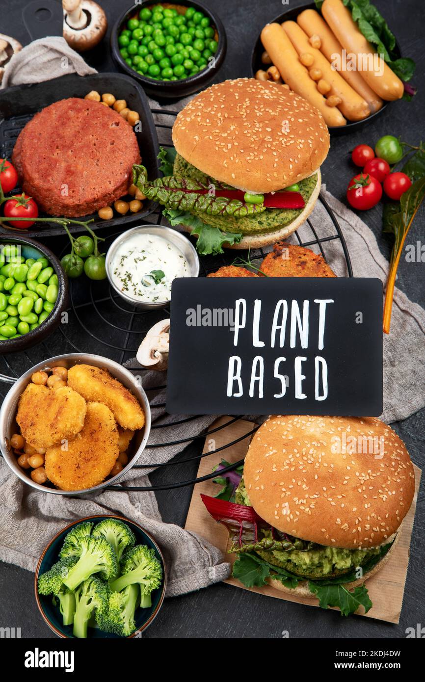 Plant-based food concept-vegan burgers, sausages, vegetarian nuggets ...