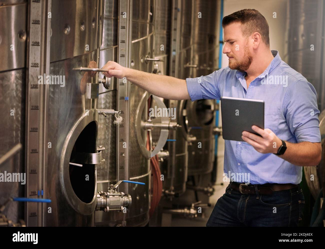I like the mechanical side of wine. a male sommelier using his digital ...