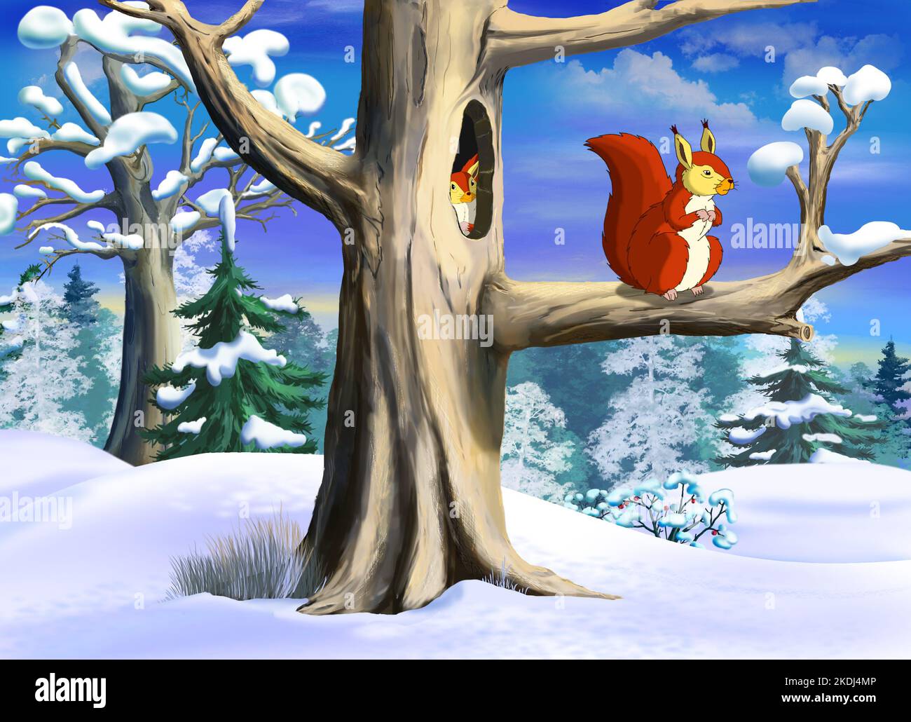 Red Squirrel in a forest on a winter day. Digital Painting Background ...