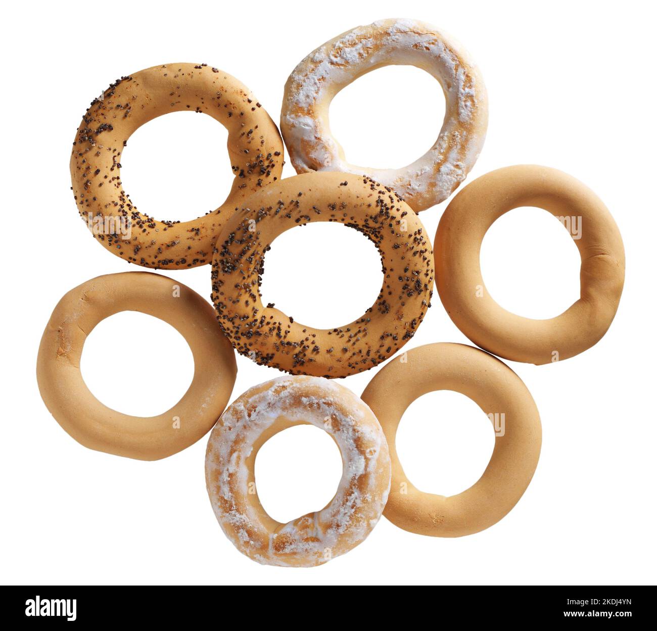 Tasty different bagels isolated on a white background, top view Stock ...