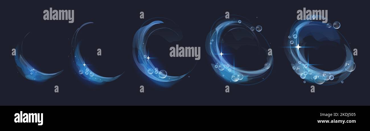 Round blue swirls, splash of water with bubbles isolated on black ...