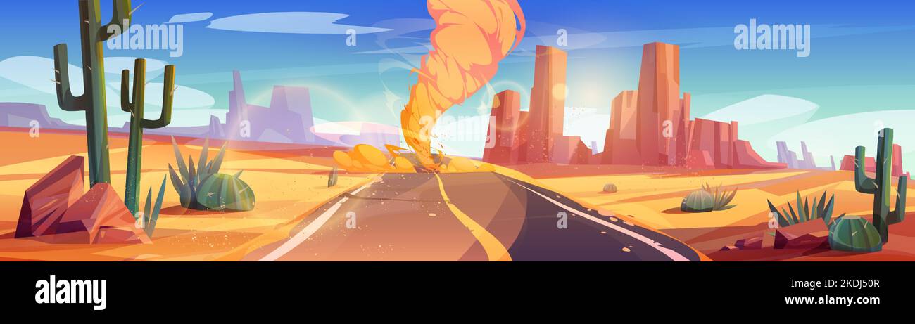 Tornado at desert road cartoon nature landscape. Wind storm with air ...