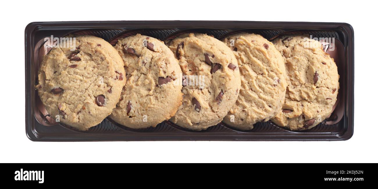 Chocolate chip cookies in plastic packaging isolated on a white ...