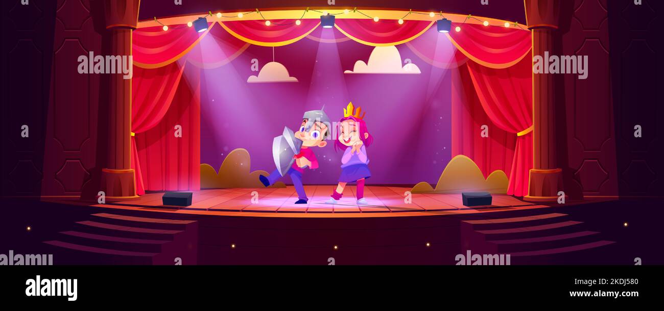 Children actors play on theater scene with red curtains, columns and ...