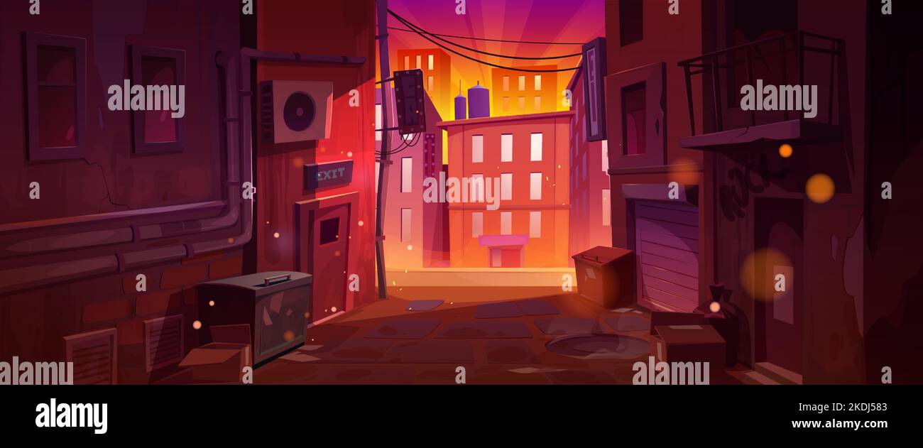 Empty back alley and city street with houses at sunset. Town landscape ...